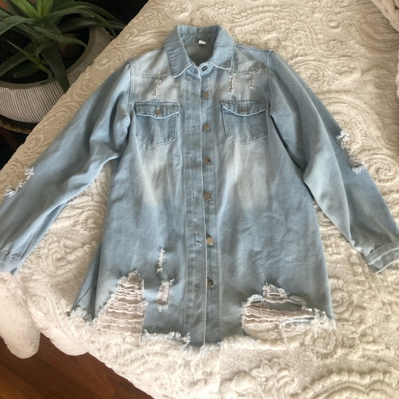 Jackets & Coats | Light Denim Distressed Shacket Med | Poshmark